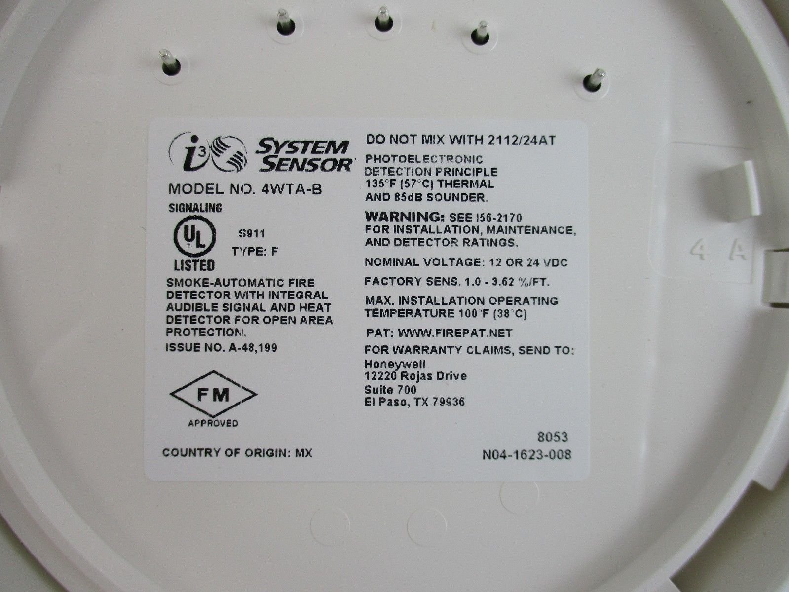 SYSTEM SENSOR 4WTA-B 4WTAB 12/24 VDC, Photoelectric Smoke Detector with Thermal, Sounder, and Base