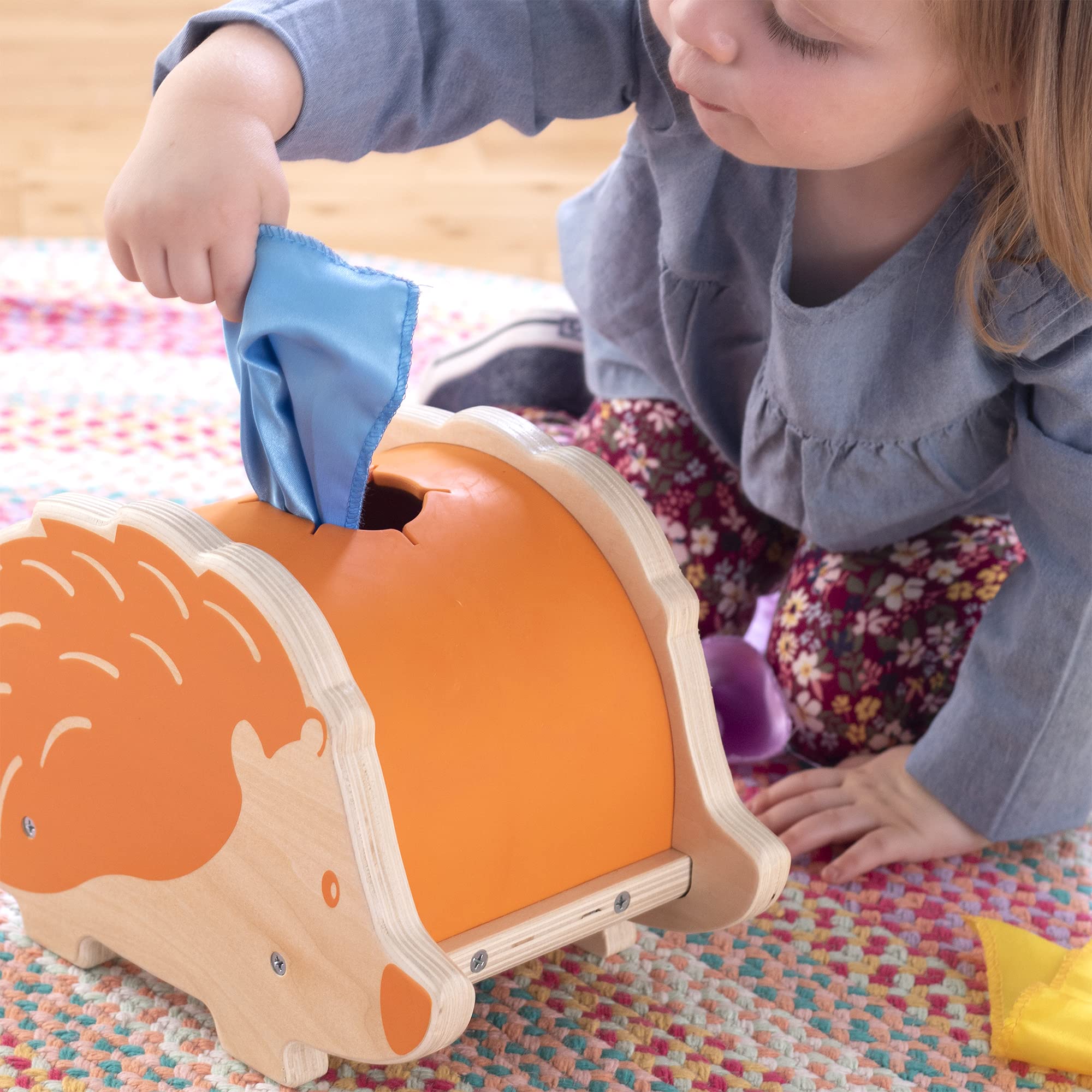 Guidecraft Hide and Play Hedgehog Tissue Box with 9 Multi-Color Satin Cloths: Kids Fine Motor Skill Toys