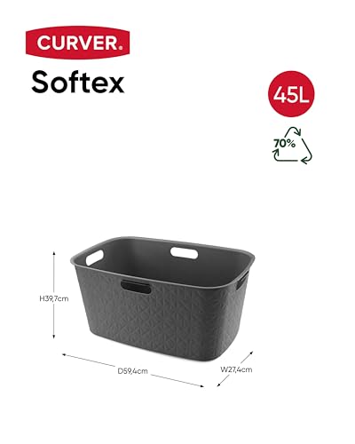 CURVER Softex Laundry Basket 45L - Elegant Design - Lightweight, Stackable and Practical - 70% Recycled - Spacious Size 59 x 39 x 27 cm - Charcoal Grey