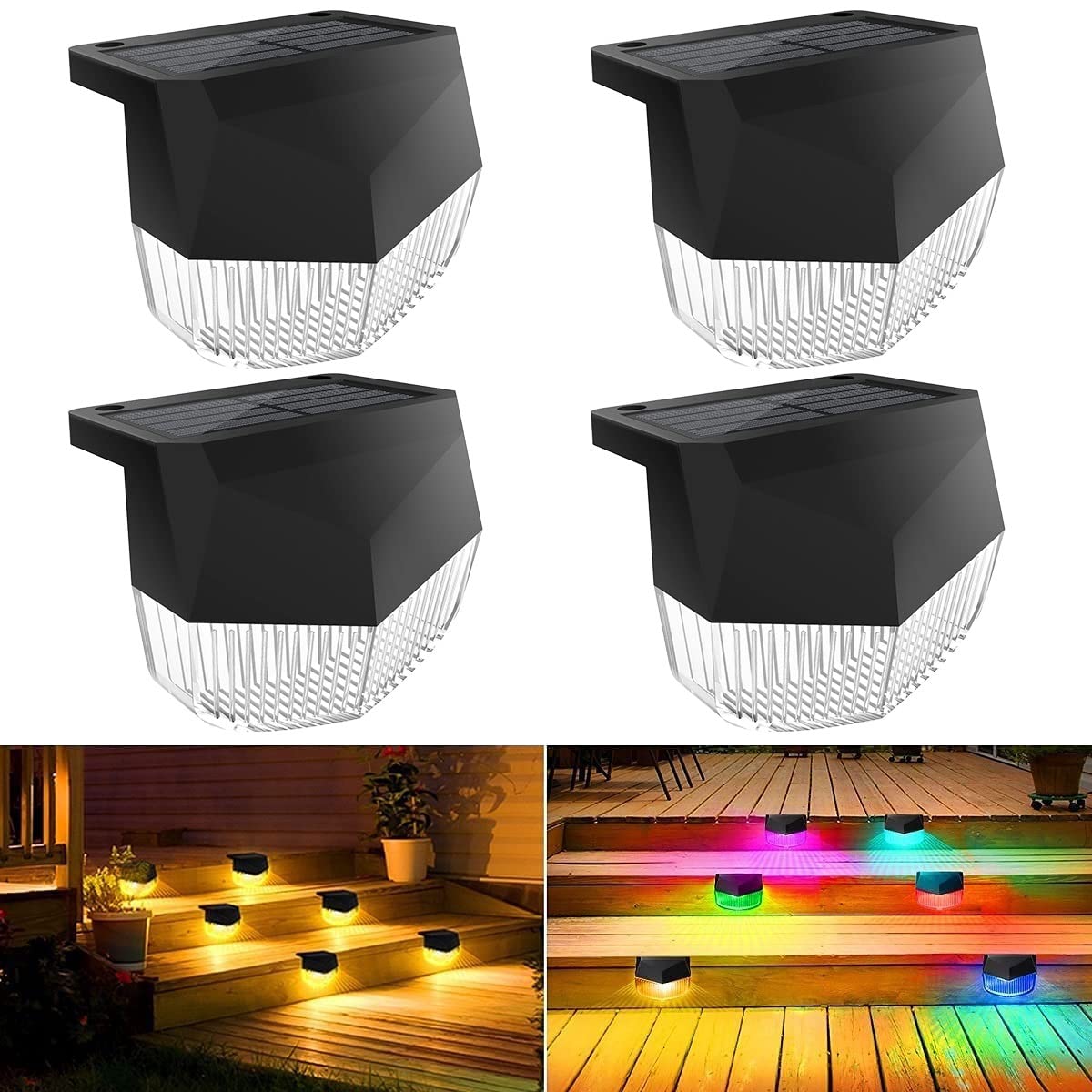Solar Deck Lights Outdoor 4 Pack Waterproof Solar Fence Lights Solar Powered Charging Led Lights for Post Step Stair Pool Backyard Garden Patio Porch para Dock Railings Color Decorative Lighting
