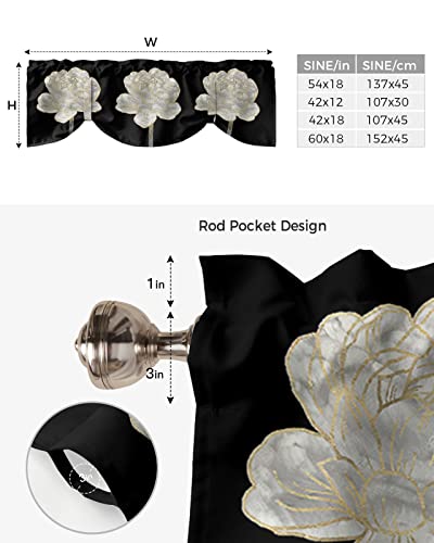 Semi Sheer Valance Adjustable Kitchen Valance for Windows, Abstract White Flower with Gold Border Black Valances for Bathroom Bedroom Living Room, Tie-up Rod Pocket Decorative Window Curtain 54"x18"