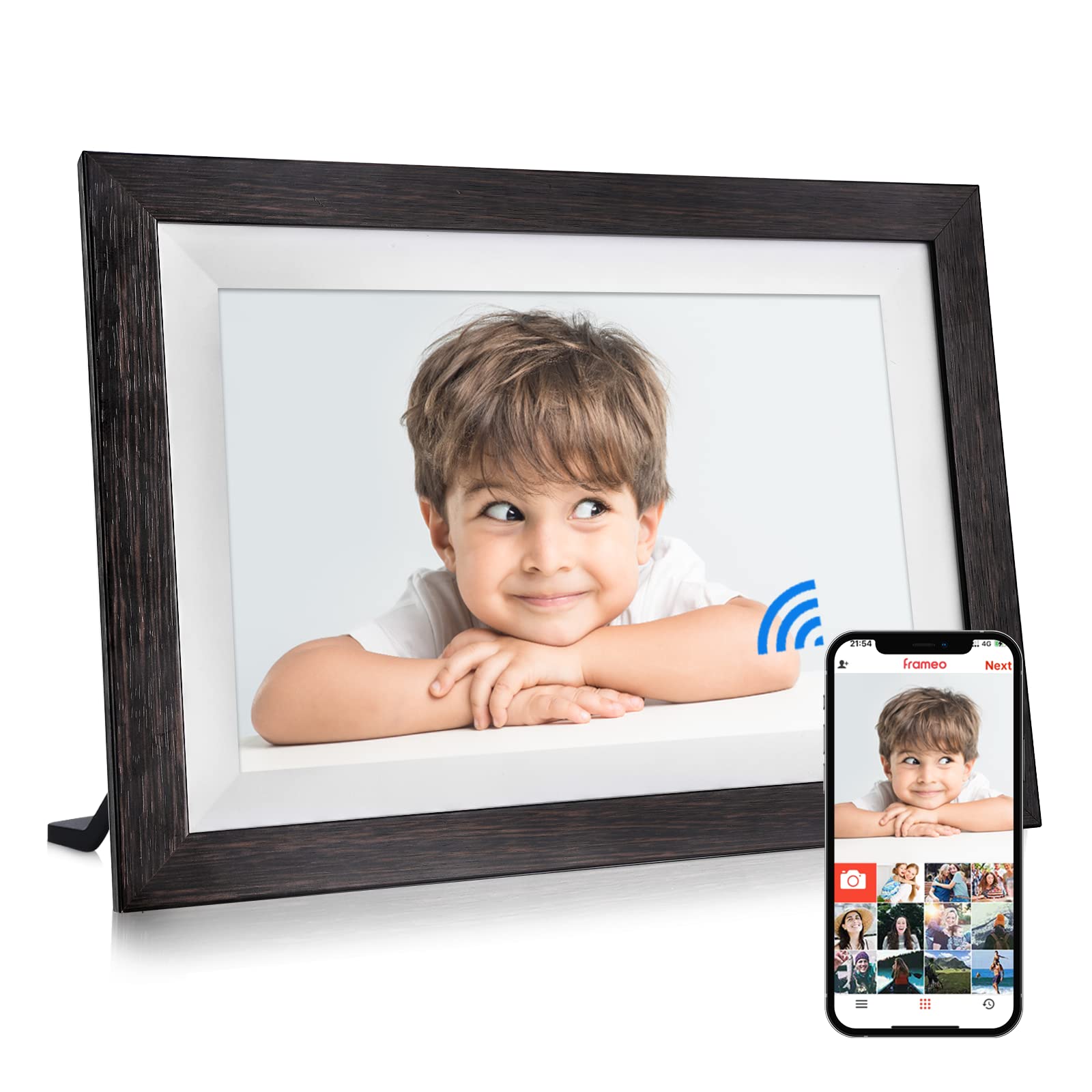 Digital Picture Frame, Frameo WiFi 10.1" Smart Digital Photo Frame, 1280x800 IPS TouchScreen Large Memory Wall-mountable Auto-Rotate, Easy to Set Up Share Photos Video via Frameo App Ideal Gifts-Brown