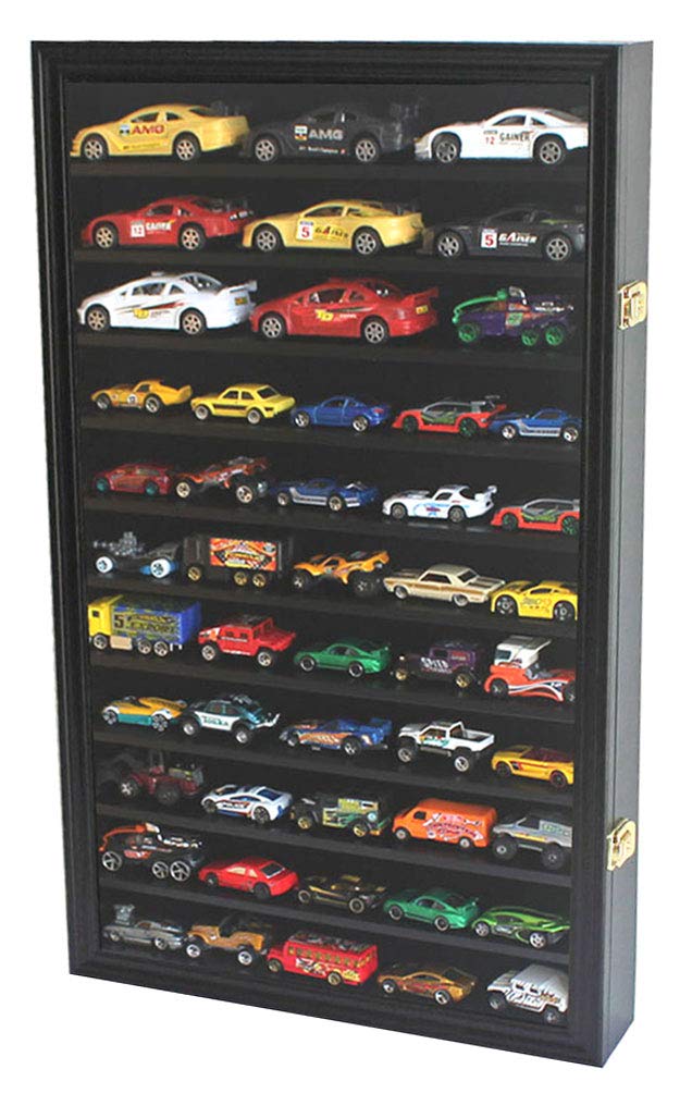 Hot Model Toys Cars Diecast Display Case Cabinet Wall Rack Compatible with Wheels and Matchbox Cars 1/64-1/43 Scale, 26.5" H X 16" W X 3.25" D Black Color Frame