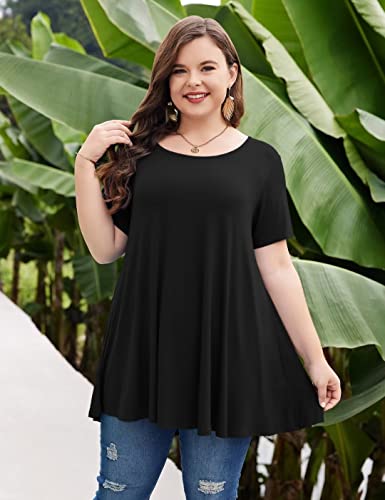 MONNURO Womens Short Sleeve Casual Loose Fit Flare Swing Tunic Tops Basic T-Shirt Plus Size(Black, 3X)