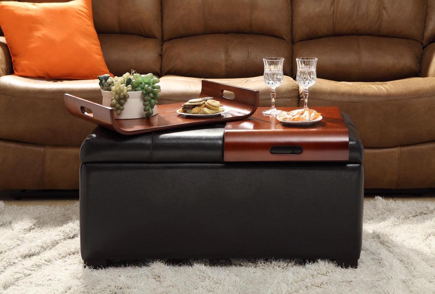Convenience Concepts Designs4Comfort Storage Ottoman with Trays, Espresso Faux Leather