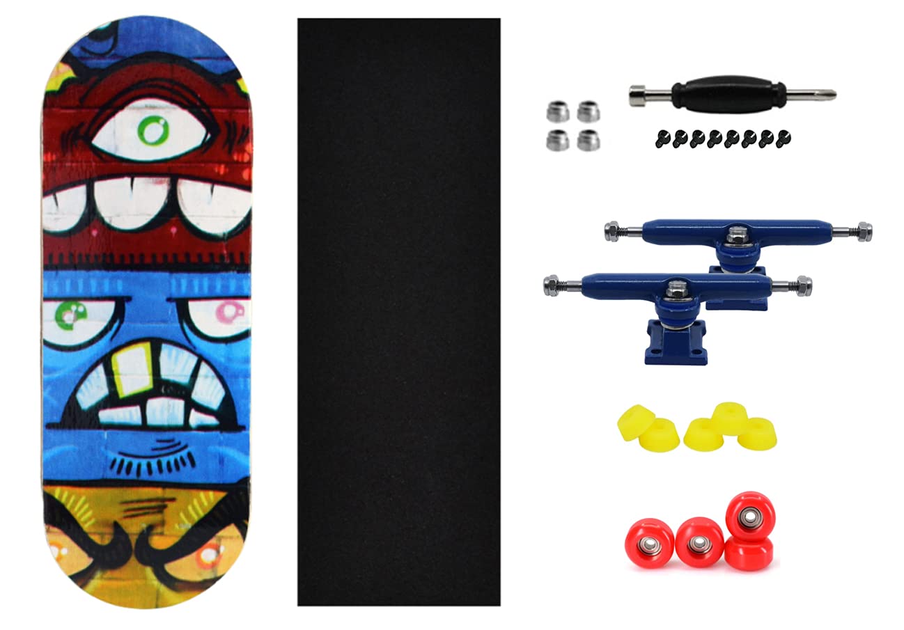 Teak Tuning 34mm Pro Fingerboard Heat Transfer Graphic Complete - Fully Assembled with Pro Level Parts - Pro Shaped Wood Deck (34x97mm), UltraSpin Wheels, Prodigy Trucks - Stack 'Em Monsters