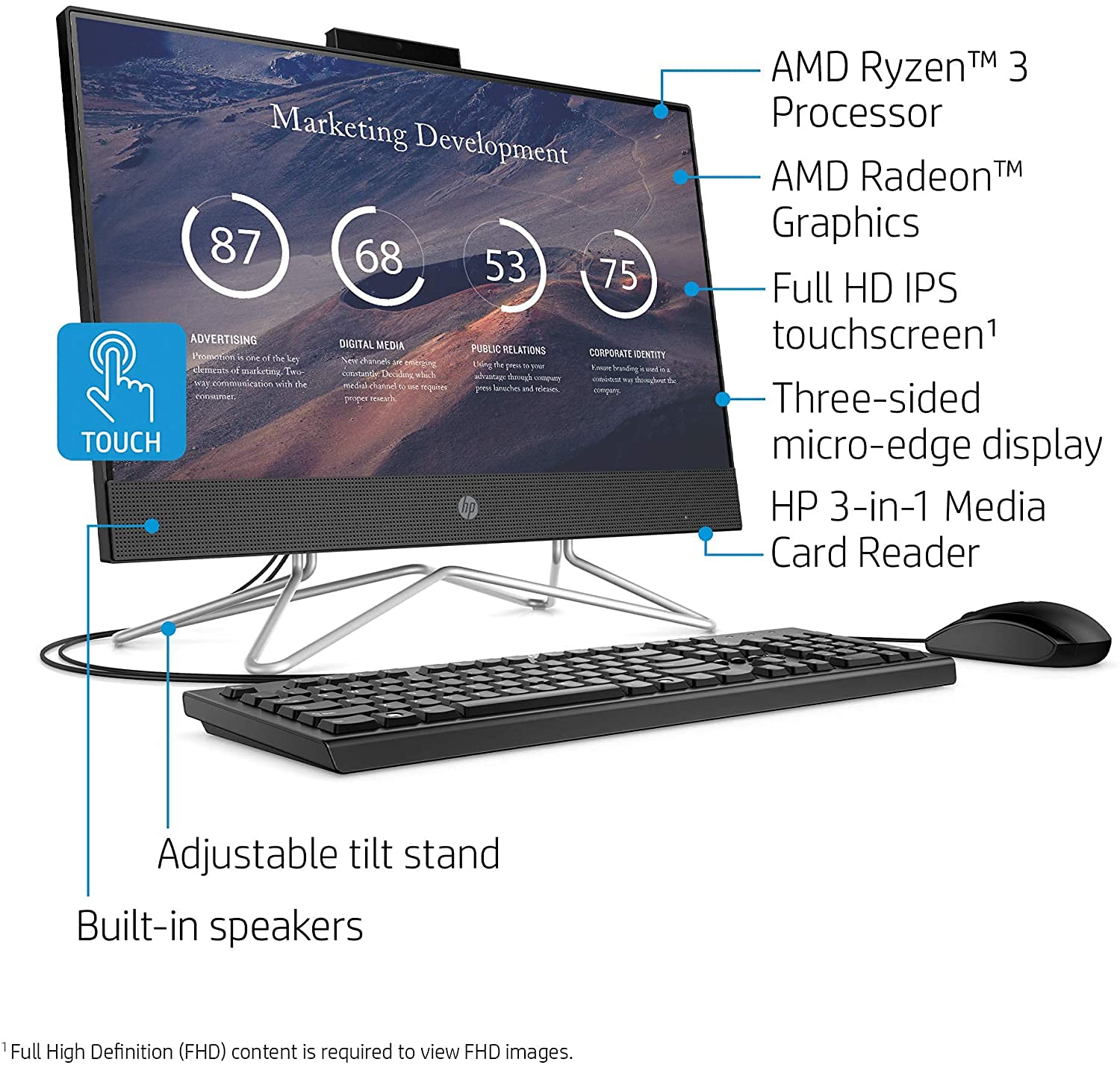 HP 2023 22-inch FHD IPS Touchscreen All-in-One Desktop PC 2-Core AMD Ryzen 3 3250U Processor 8GB DDR4 RAM NVMe M.2 256GB SSD 1TB HDD DVD WiFi AC BT Webcam Speaker Windows 10 Black w/RE USB Drive