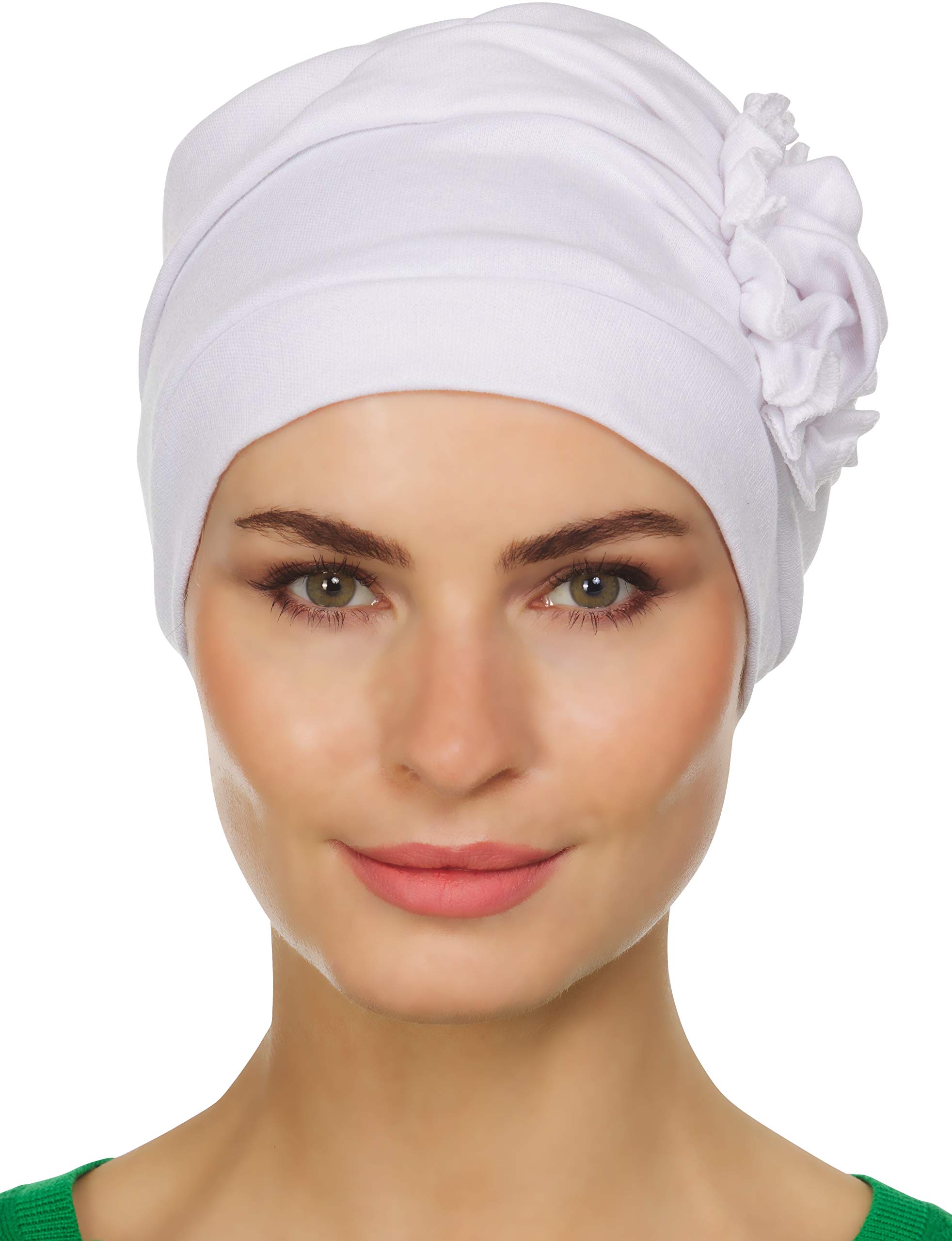 BEEMO Women’s Gathered Pleated Cancer Chemo Turban - Comfortable and Stylish - White