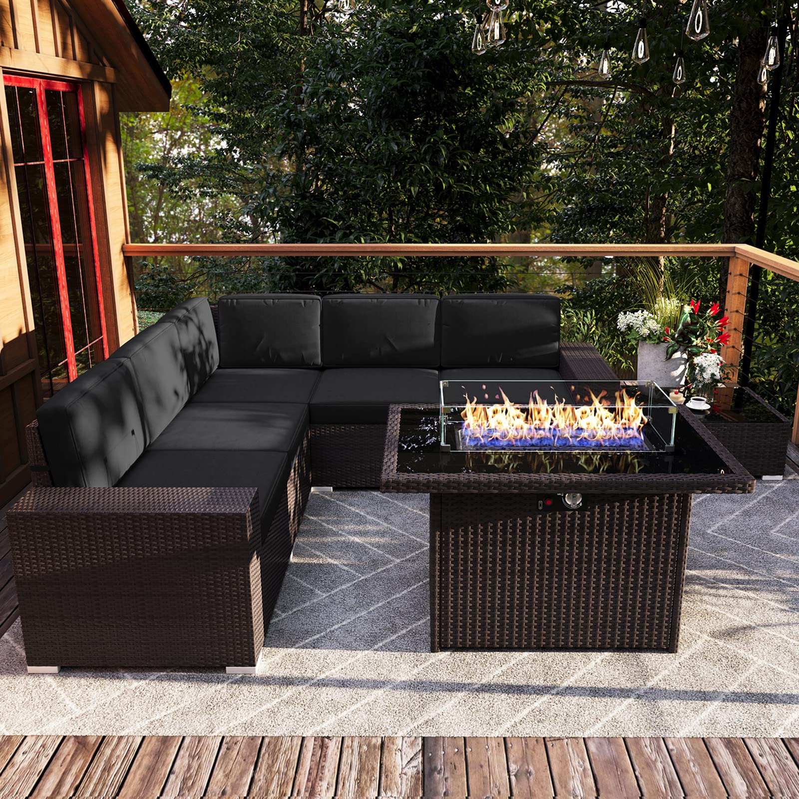 Vakollia 7 Pieces Patio Furniture Set with 44" Propane Gas Fire Pit Table, Outdoor Sectional Brown Rattan Wicker Conversation Sofa Sets with Coffee Table
