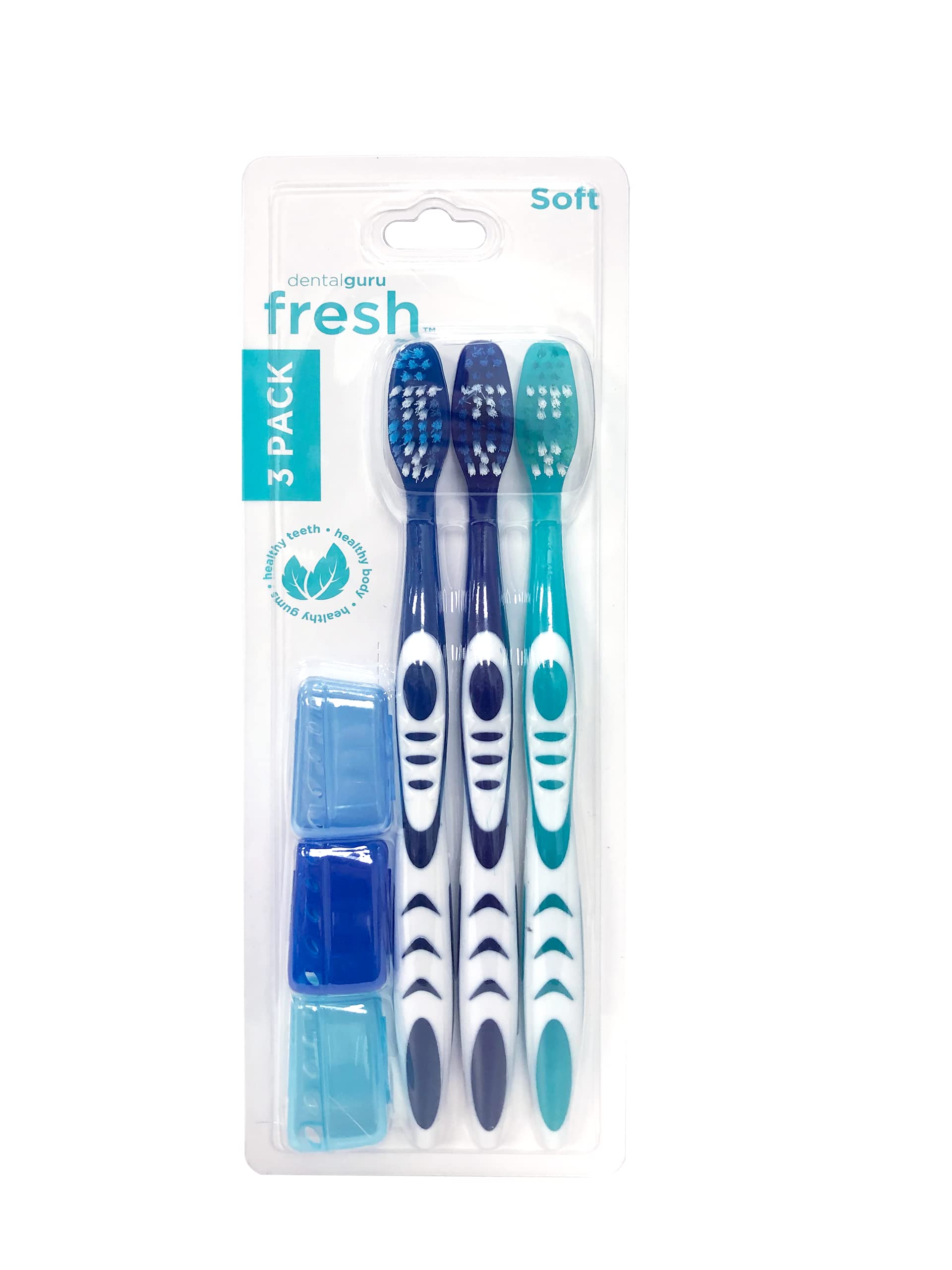 Dental Guru 3 Pack with Protective Cap, Soft, Multi-color