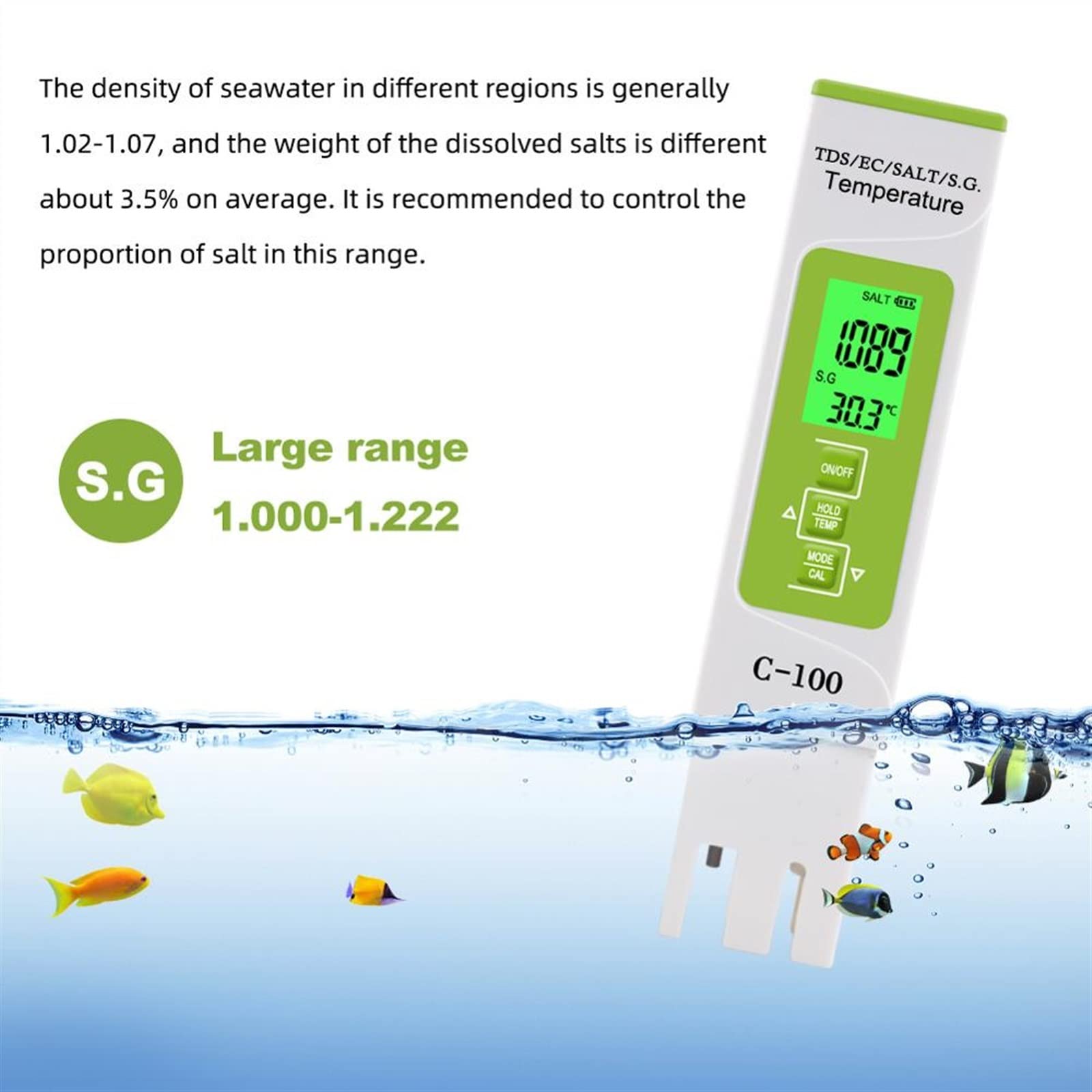 Digital Tester 5 in 1 TDS/EC/Salt/S.G./Temperature Meter Digital Water Quality Monitor Tester for Pools, Drinking Water, Aquariums