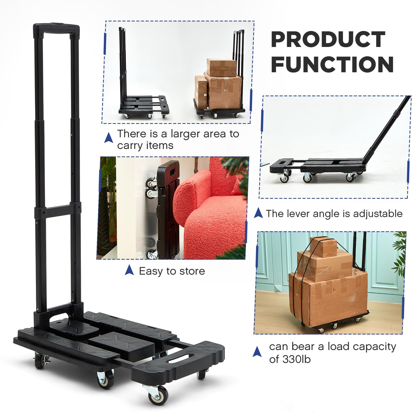 Datanly 2 Pcs Combinable Folding Hand Truck Dolly Cart 660 lb Portable Heavy Duty Dolly Cart with 6 Rotate Wheels 2 Bungee Cord Adjustable Handle Moving Platform for Luggage Travel Shopping Office
