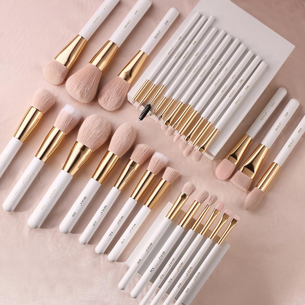BEILI Makeup Brushes Set 30Pcs Professional Makeup Brush Premium Pink Vegan Synthetic Kabuki Foundation Blending Brush Face Powder Blush Concealers Eye Shadows Make Up Brush Set (White/Rose Golden)