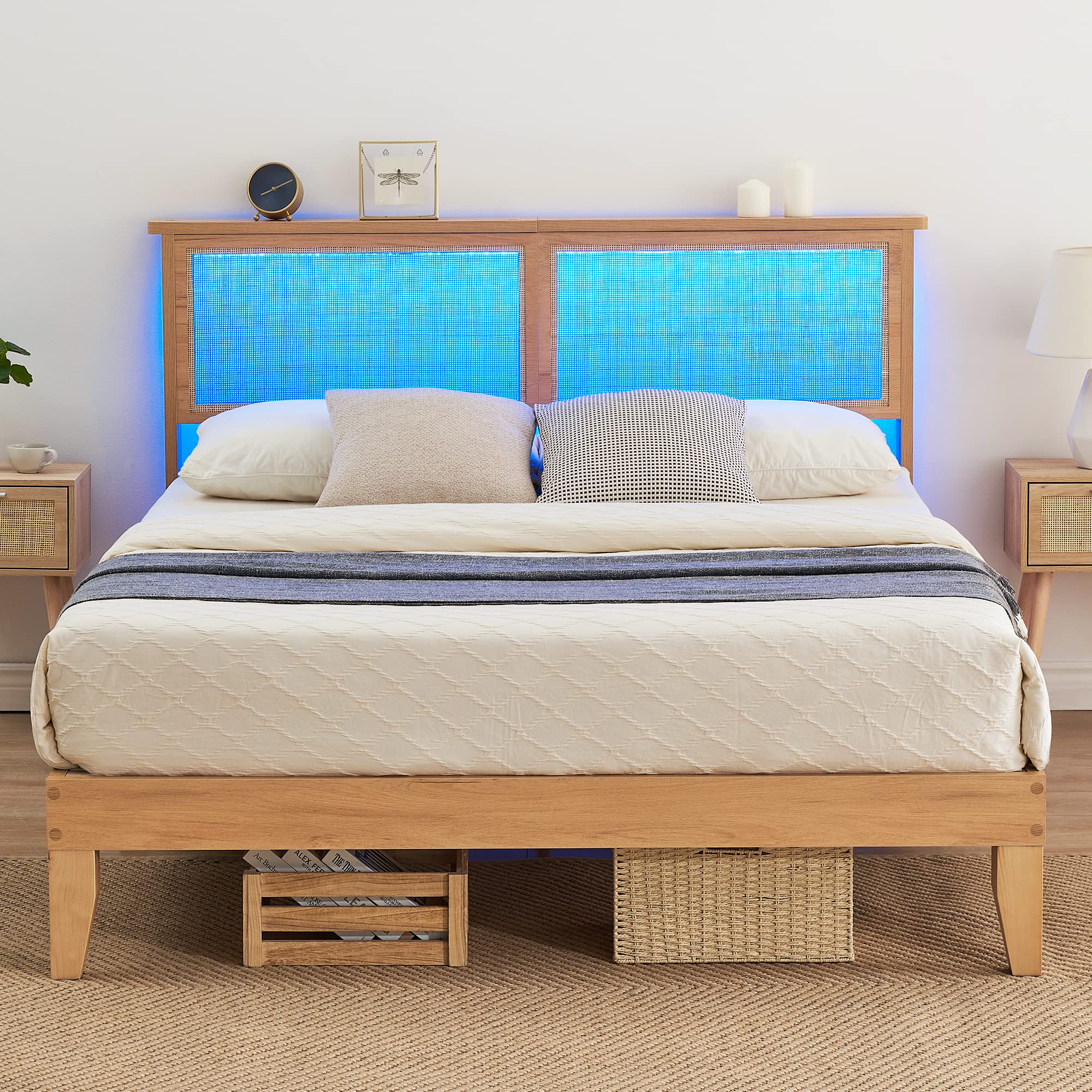 IDEALHOUSE Queen Bed Frame with Natural Rattan Headboard, Platform Bed Frame Queen Size with Storage Headboard, Mattress Foundation, Noise-Free, No Box Spring Needed