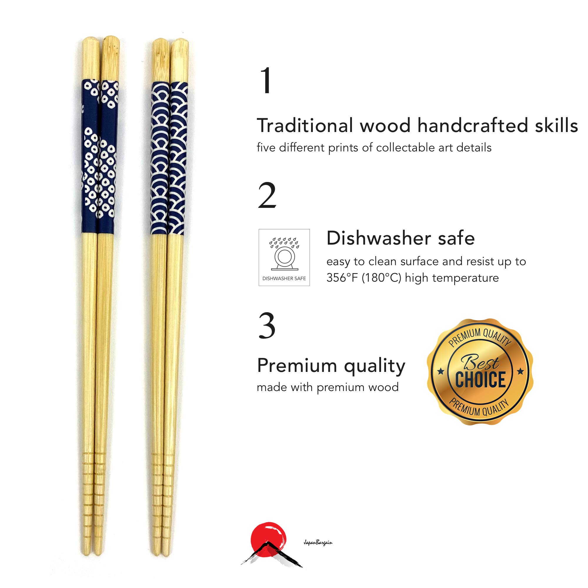 JapanBargain, Bamboo Chopsticks Reusable Japanese Chinese Korean Chopsticks Set Wood Chop Sticks Hair Sticks 5 Pair Gift Set Dishwasher Safe, 9 inch (1, Ivory/Blue)