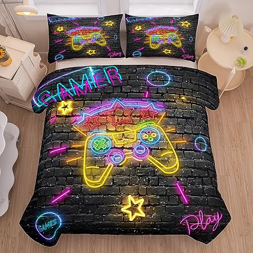 MWMWMW Kids Bedding Sets for Boys Teens, Boys Queen Comforter Set, Gaming Comforter Sets for Boys, 3D Gaming Geometric Lightweight Microfiber Bedding Sets (1 Comforter +2 Pillowcases)