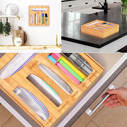 More2Store Ziplock Bag Storage Organizer Bamboo 6 in 1 Food Baggie Dispenser for Kitchen Drawer - Compatible with Gallon, Quart, Sandwich, Snack, Clip, and Marker
