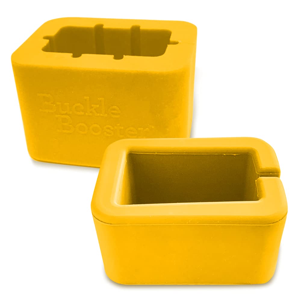 BPA-FREE Car Seat Belt Buckle Booster Yellow - Keeps Your Receptacle Stable & Upright ā with Kid Safety Sticker Set Gift (2-Pack, Combo Pack (1 Tall + 1 Short))