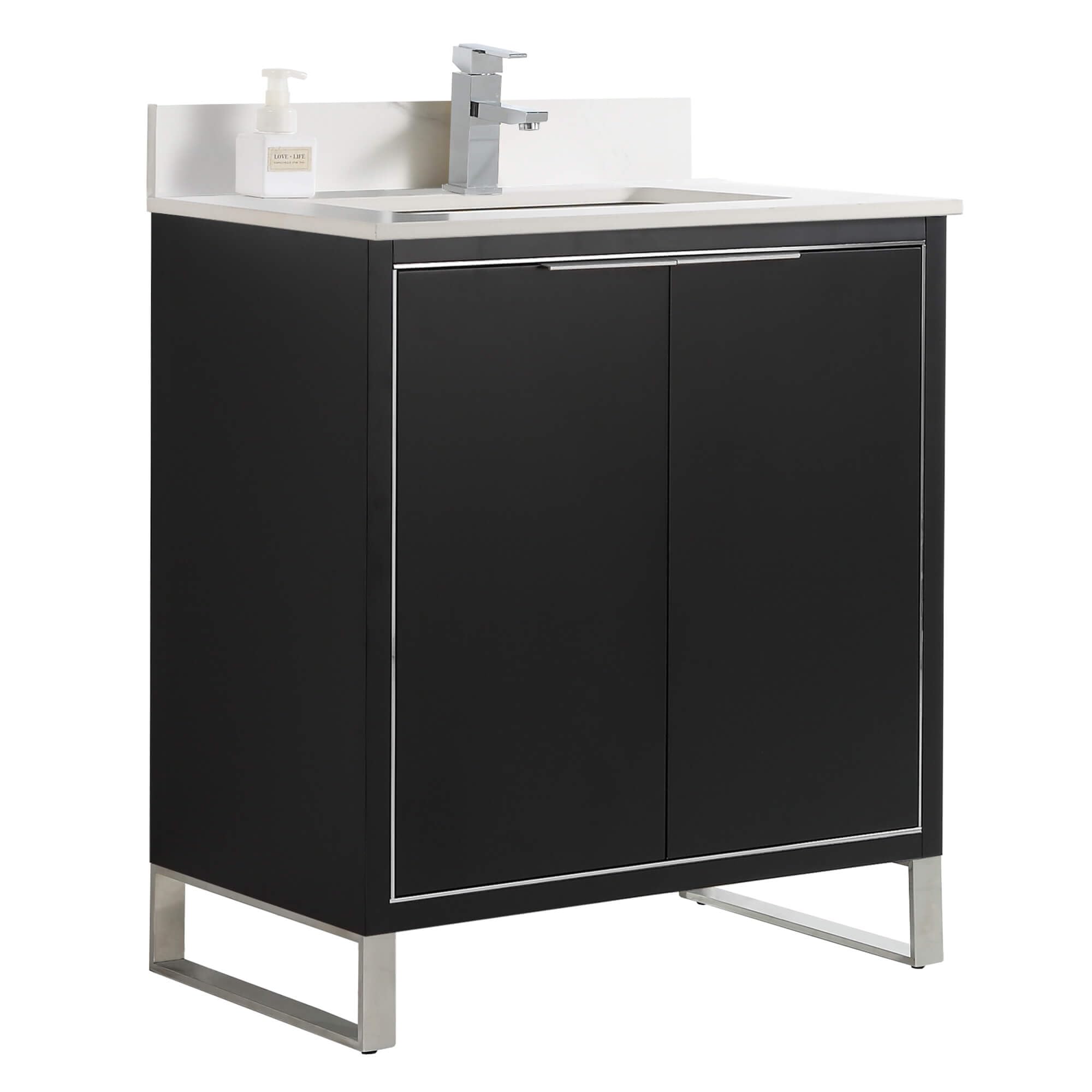 Fine Fixtures Opulence Collection 30 in. W x 18 in. D x 33 in. H Bathroom Vanity in Black Matte with White Carrara Sintered Stone Sink - Chrome Hardware