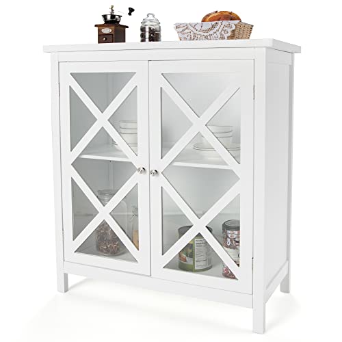 LOKO Buffet Cabinet, Kitchen Storage Cabinet with Tempered Glass Doors & Adjustable Shelves, Sideboard Cabinet Liquor Cabinet for Kitchen, Living Room, 35.5 x 15.5 x 38 inches (White)