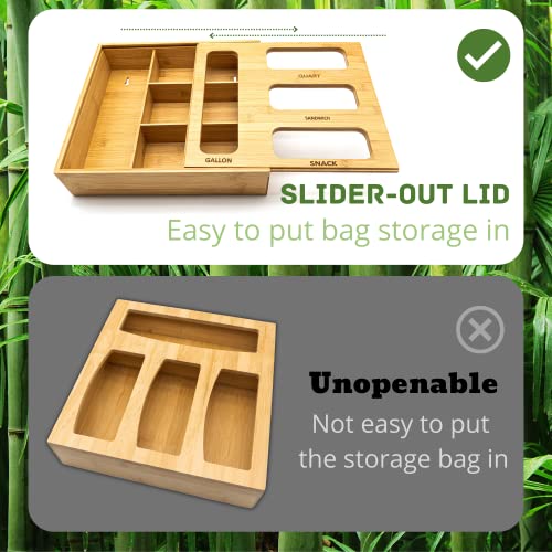 KABOORA Storage Bag Organizer - for Wall Mount & Kitchen Drawers - Compatible w/Most Ziplock Brands & Sizes - Gallon Quart Sandwich Snack Baggie - Hefty Ziploc Solimo Glad Variety - Slider Dispenserā¦
