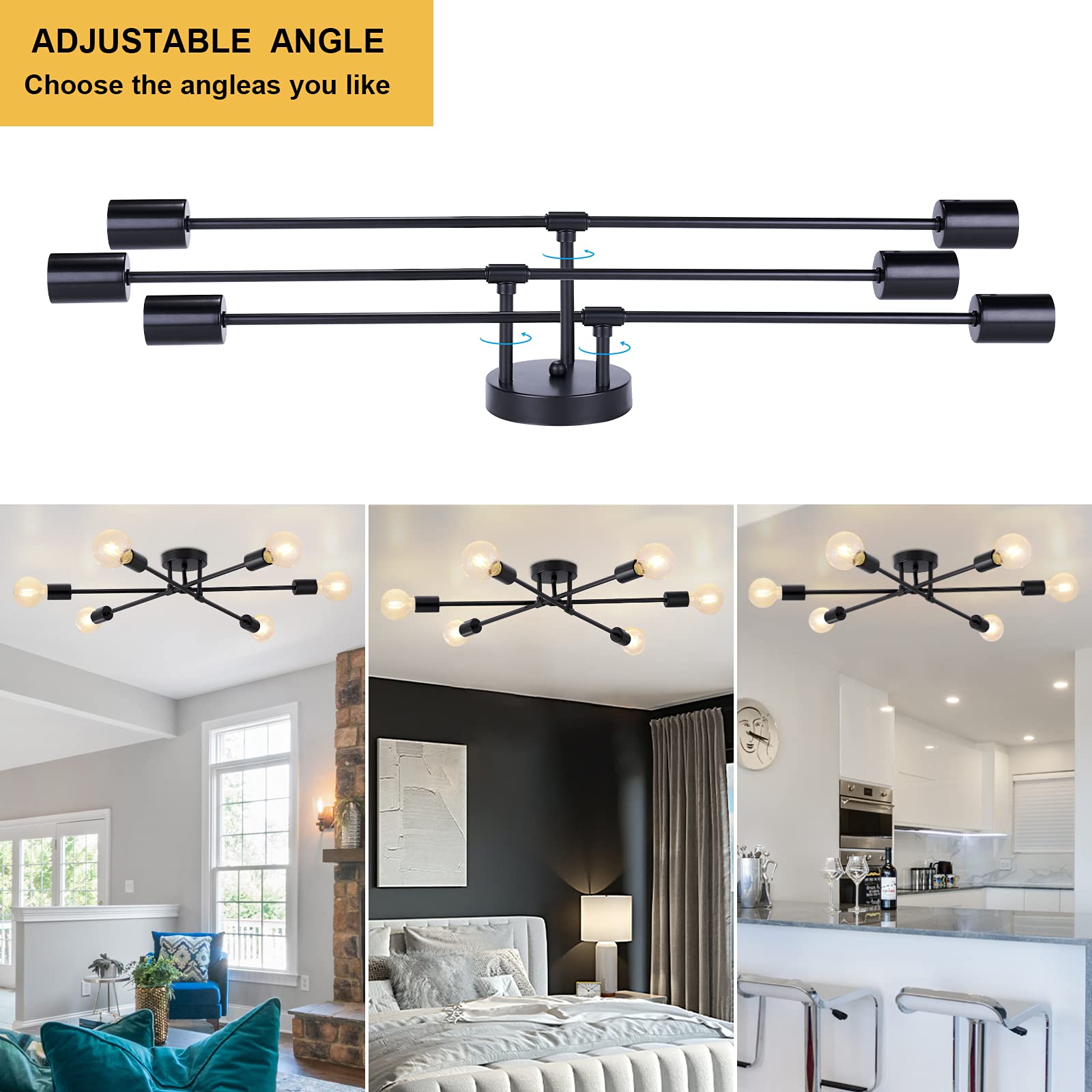 BrkNit 6-Light Sputnik Chandeliers, Black Modern Semi Flush Mount Ceiling Light with E26 Base, Mid Century Industrial Vintage Kitchen Farmhouse Light Fixtures for Dining Room Bedroom Living Room