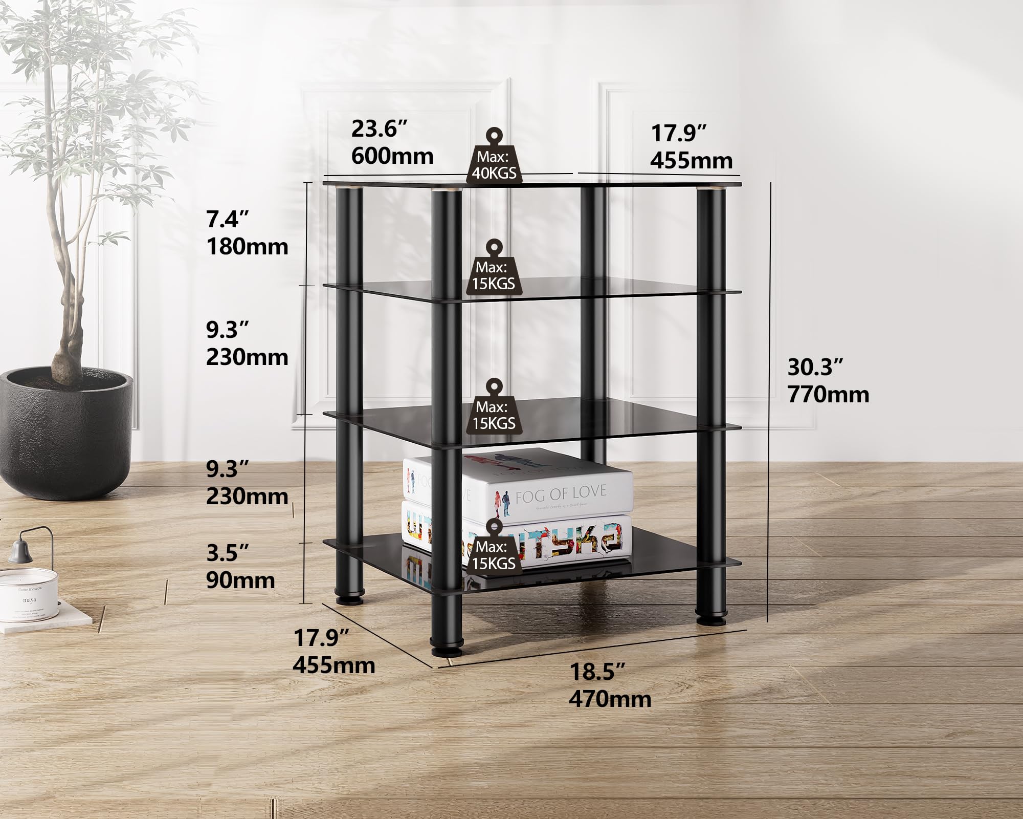 Fitueyes 4-Tier Media Stand Audio/Video Component Cabinet with Glass Shelf for/Apple Tv/Xbox One/ps4 AS406001GB