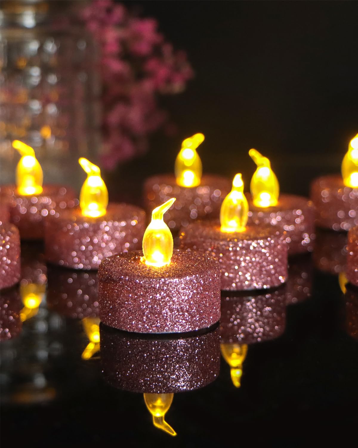 Finecombuy Rose Gold Candles Battery Operated,Glitter Tea Lights with Timer,Flameless Flickering Tealight Led Votive Candles for Home Decor,Wedding,Anniversary