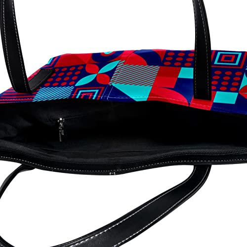Colorful Geometric Tote Bag for Women Girls, Leather Shoulder Bag with Inside Pockets, Zip Top Handbags