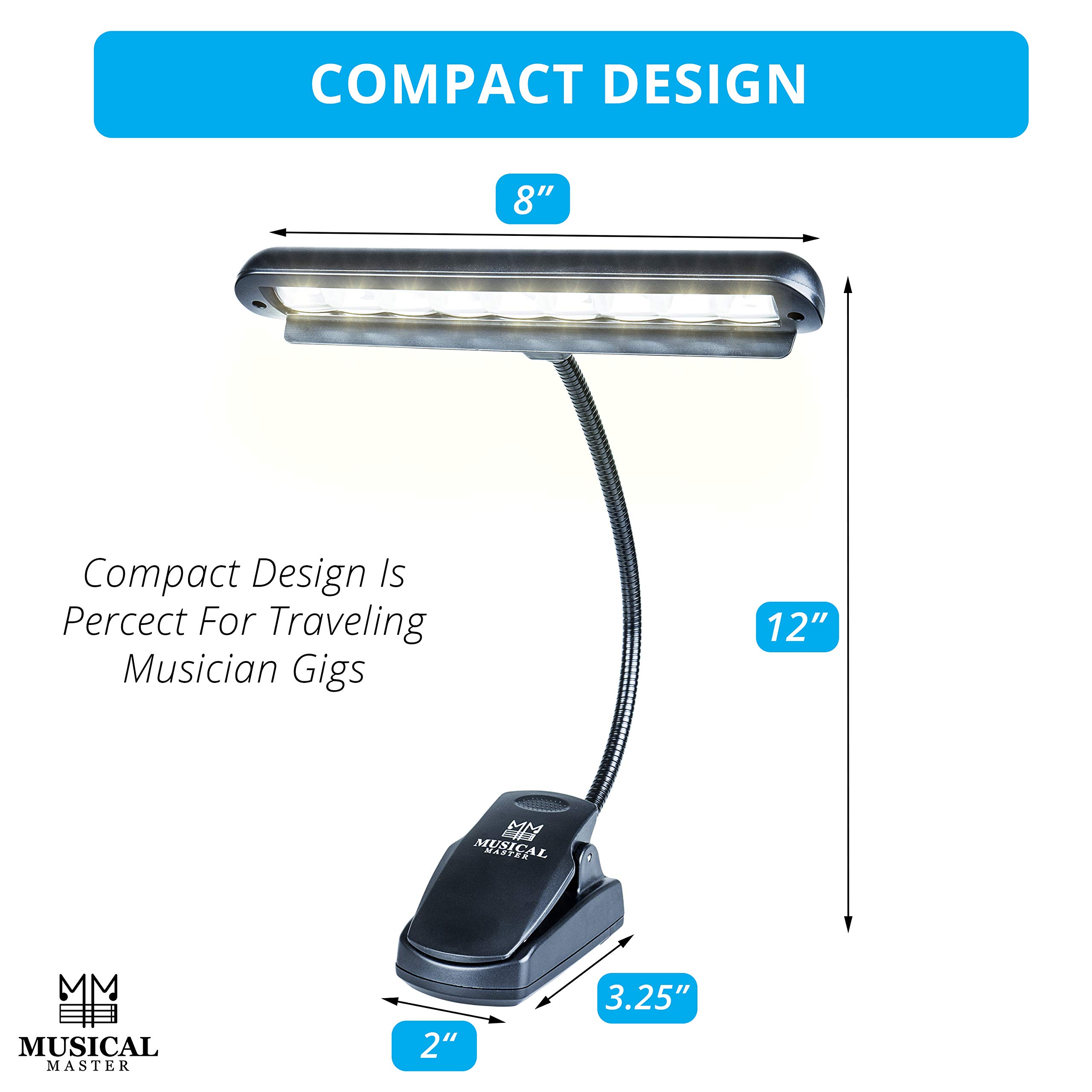 Music Stand Light - Book Light for Reading in Bed β Clip on Portable LED Light - Reading Light - Clamp Light for Violin, Piano, DJ, Desk & More β USB, AA battery operated (Batteries Not Included)