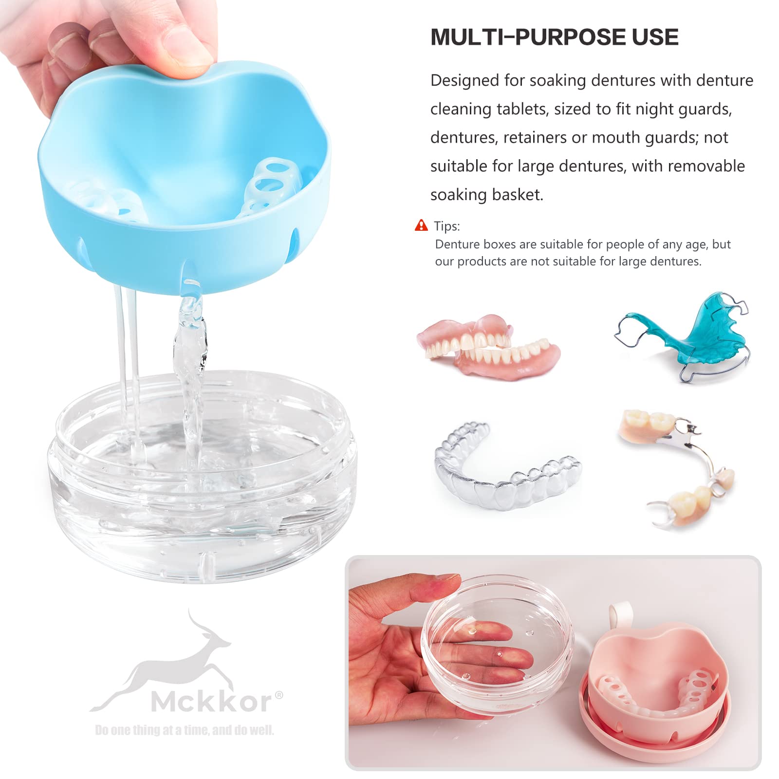 Denture Case kit -2 Pack - Definitely No-Leak Denture Bath Box for Traveling Perfectly, Denture Cup with Strainer & Mirror(Grey & Blue)