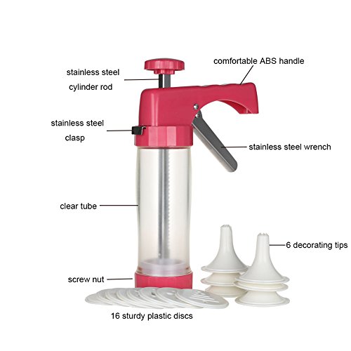 Cambom Clear Cookie Press Gun Kit with 16 Discs and 6 Icing Tips for DIY Biscuit Maker and Decoration Red