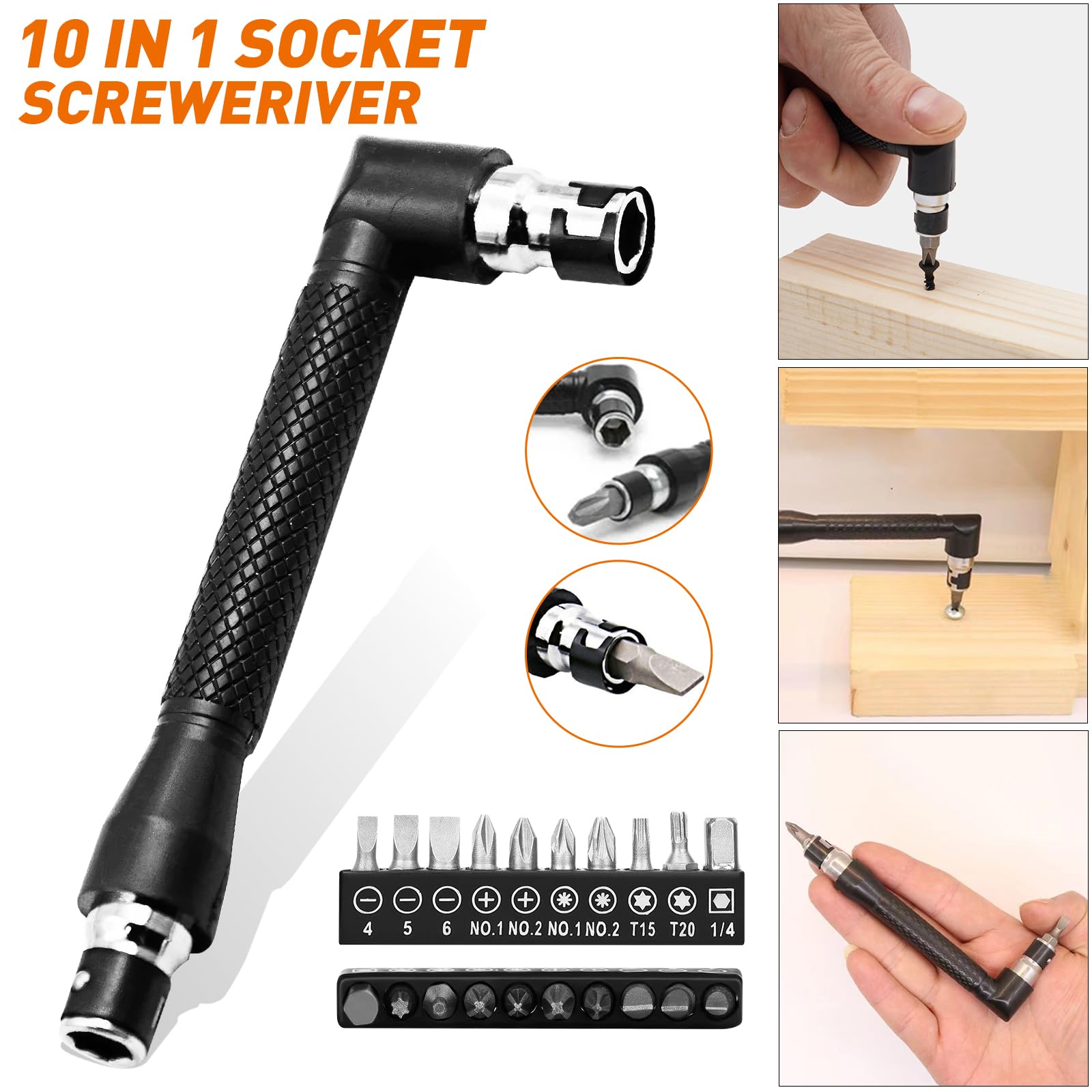 Flexible Drill Bit Extension Set,105° Right Angle Drill Attachment,1/4 3/8 1/2" Hex Shank Impact Driver Socket Adapter Rotatable Socket,Bendable Drill Bit Extension and Screwdriver Bit Kit
