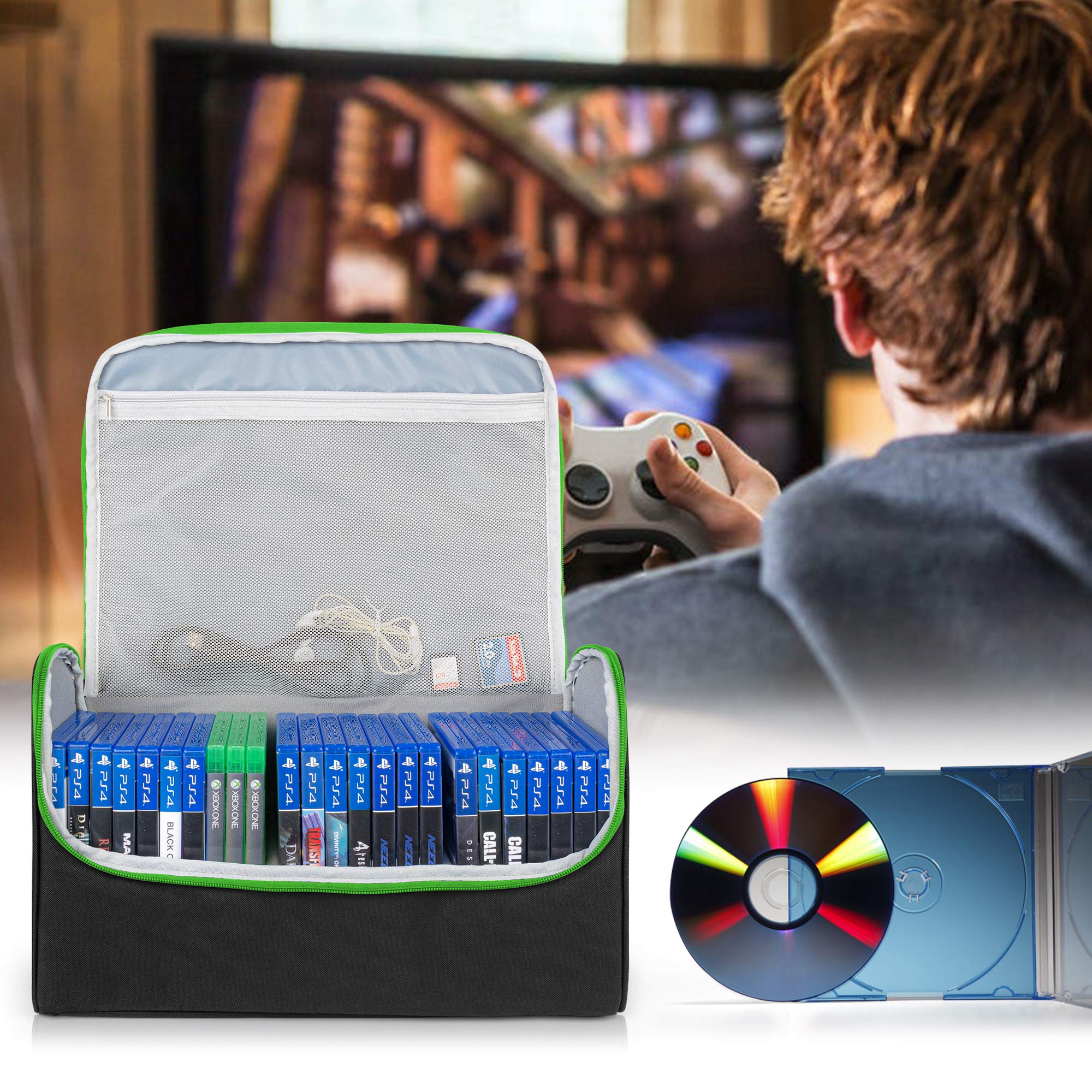 Trunab Game Disc Case Hold Up to 24 Discs, Portable Storage Bag Gaming Disk Organizers, Compatible with Xbox 360/Xbox One/Xbox Series X/S/PS4/PS4 Pro/PS3/PS5, Green (Patent Design)