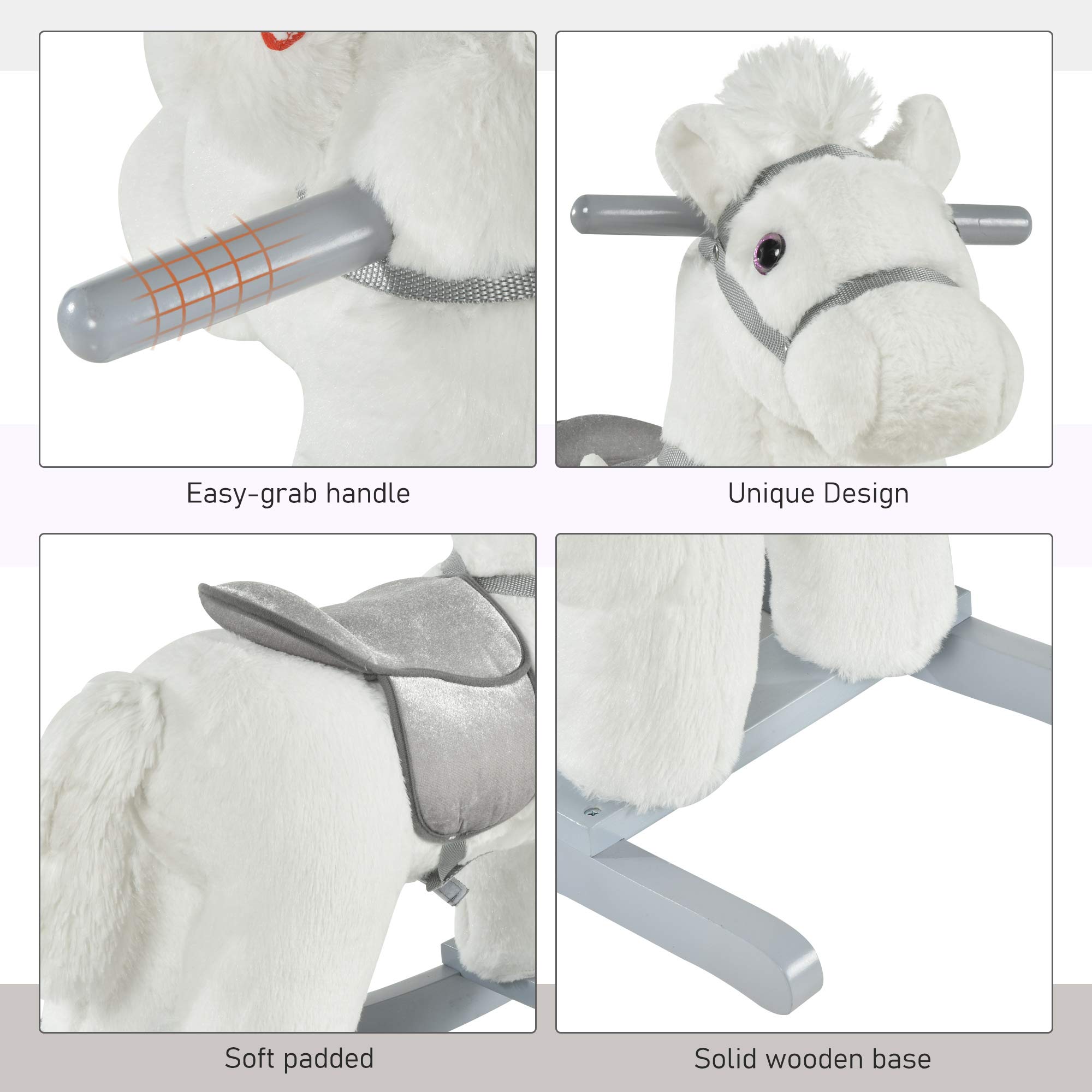 Qaba Kids Plush Ride-On Rocking Horse with Bear Toy, Children Chair with Soft Plush Toy & Fun Realistic Sounds, White