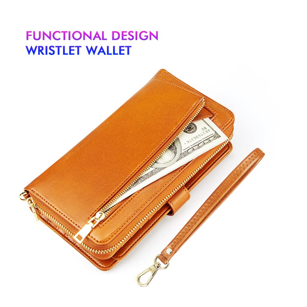 nuoku Wallet for Women RFID Blocking Credit Card Holder with Large Capacity Leather Wristlet (Brown)