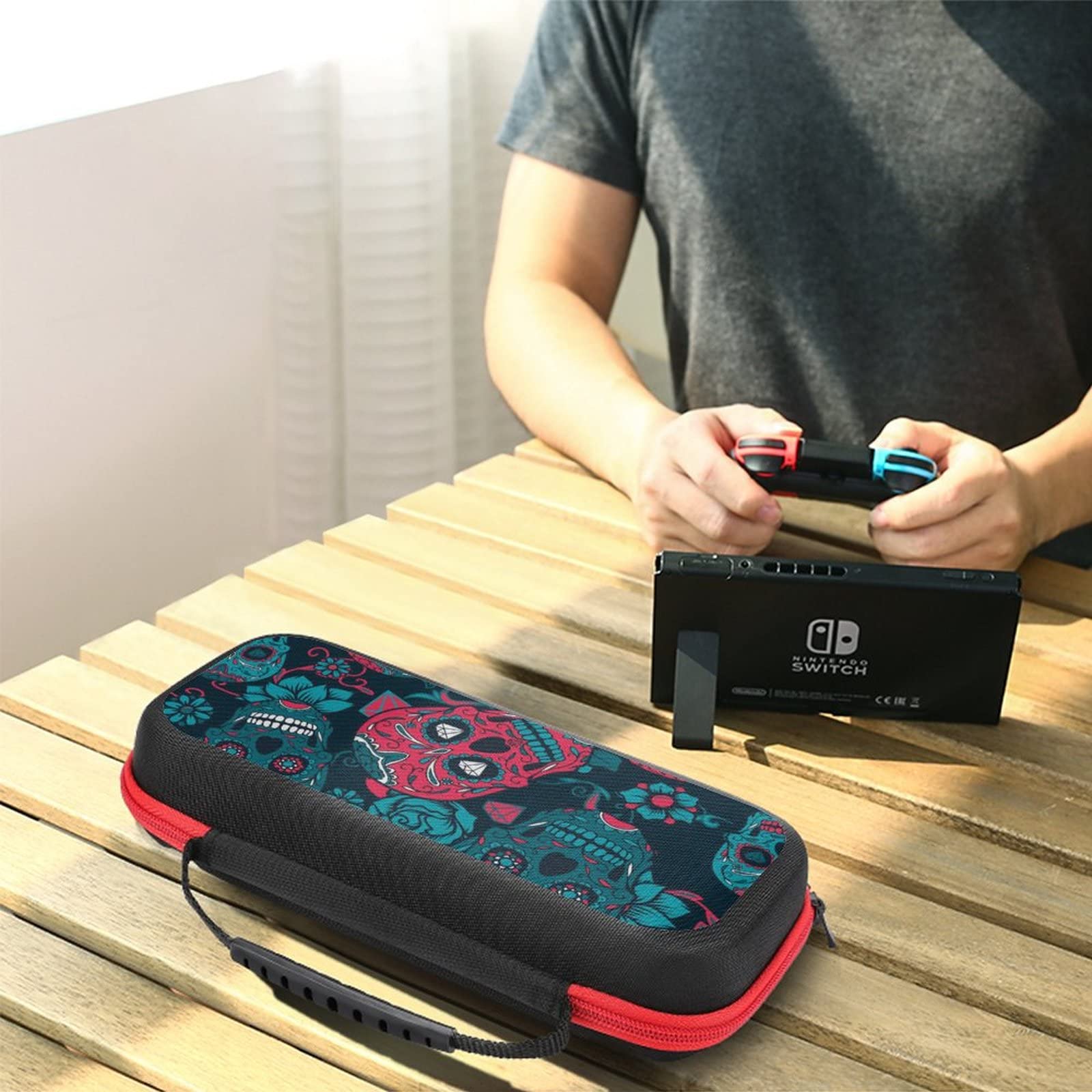 Colorful Sugar Skulls with Floral Switch Carrying Case Protective Hard Shell Portable Travel Pouch with 20 Game Cartridge
