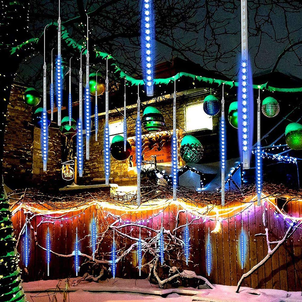 Qelus Meteor Shower Rain Lights, 192LEDs 8Tubes 11.8inch Drop Icicle Cascading Rain Lights for Christmas Holiday Wedding Garden Home Decoration, Blue