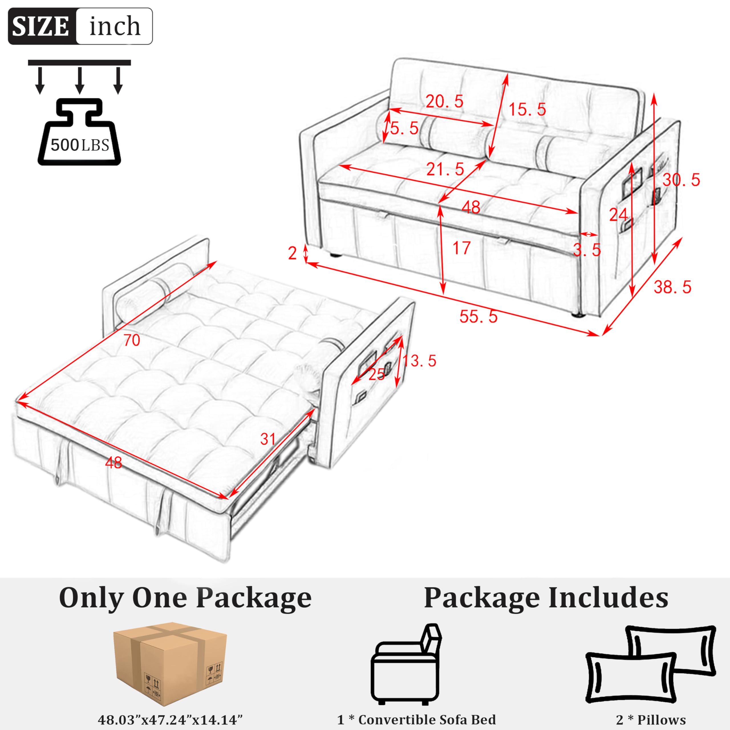 DS-HOMEPORT 3 in 1 Pull Out Convertible Sofa Bed with USB Ports - 55" Modern Velvet Sleeper Sofa with 3 Level Adjustable Backrest, Love Seat w/ 2 Pillows & 2 Pockets for Bedroom (Full Size,Black)
