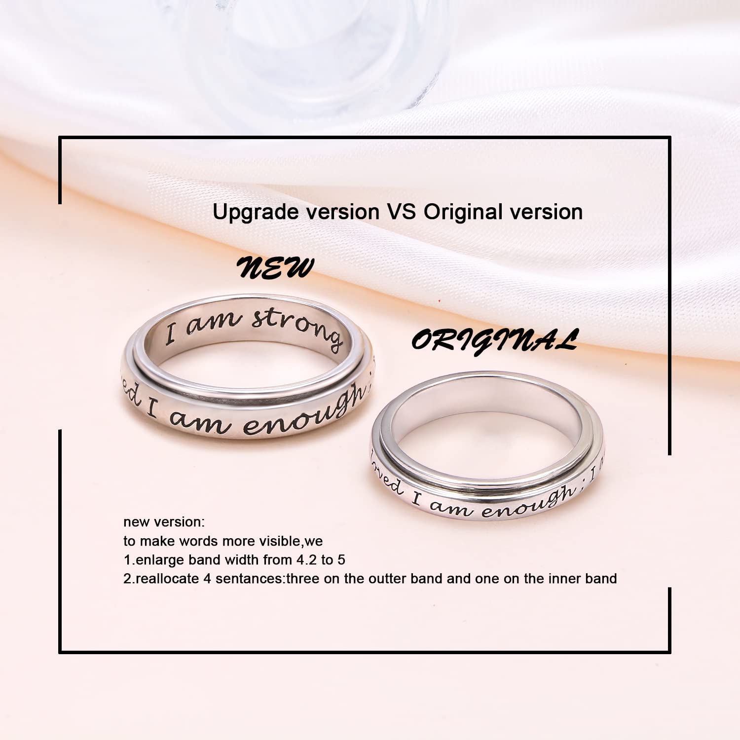 JZMSJF Men Women Spinner Ring 925 Sterling Silver Fidget Rings for Anxiety Stress Relieving ADHD Autism Rings I Am Enough Inspirational Band Ring Size 8