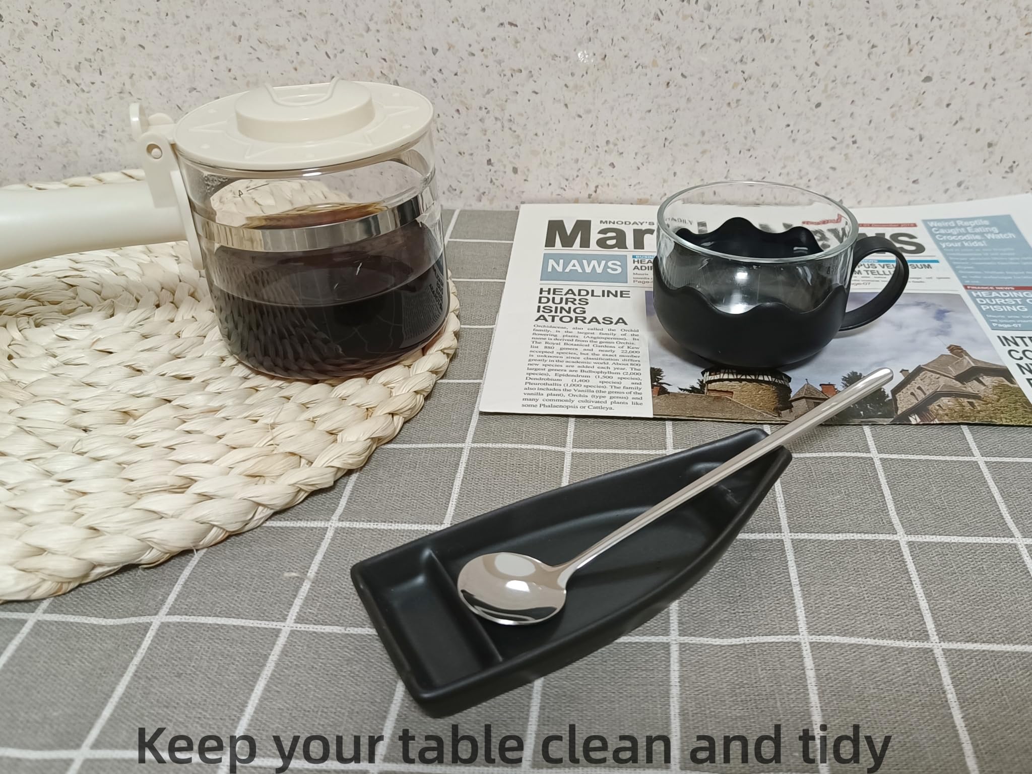 Coffee Spoon and Rest for Coffee Bar, Boat Small Spoon Rest for Coffee Station, Coffee Spoon Holder for Coffee Bar, Tea Spoon Rest Teaspoon Rest with Spoon (Matte Black + Round Spoon)