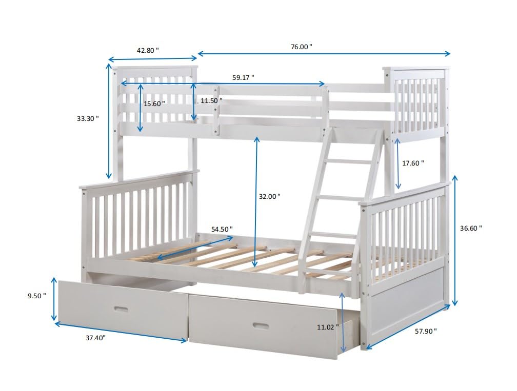 DS-HOMEPORT Twin Over Full Bunk Bed with Two Storage Drawers, Wooden Bunk Beds Frame w/Safety Guardrail & Ladder, Soild Wood Space-Saving Bunkbed for Bedroom Kids Teens Adults(White)