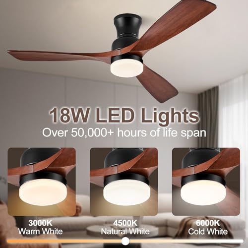 BOOSANT 60" Flush Mount Ceiling Fan with Lights, 60 Inch Ceiling Fans with Remote Control, Low Profile Ceiling Fan for Outdoor Patios, Hugger Ceiling Fan, Quiet Reversible DC Motor (Dark Walnut)