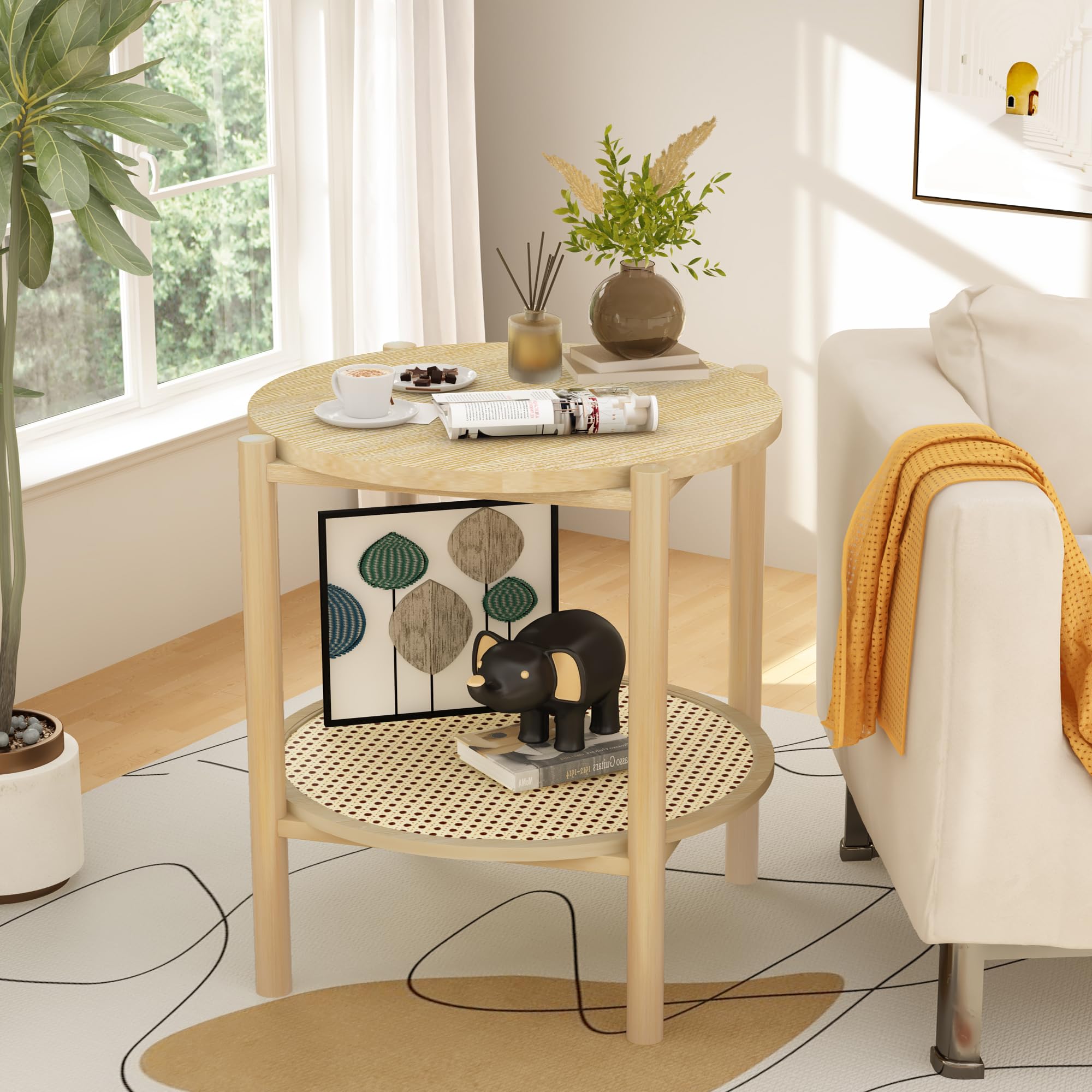 AWQM 2-Tier Round Side Table, Rattan End Table Nightstand with Solid Wood Feet,Boho Bedside Tables Accent Small Coffee Table for Bedroom, Living Room,Natural,1pcs