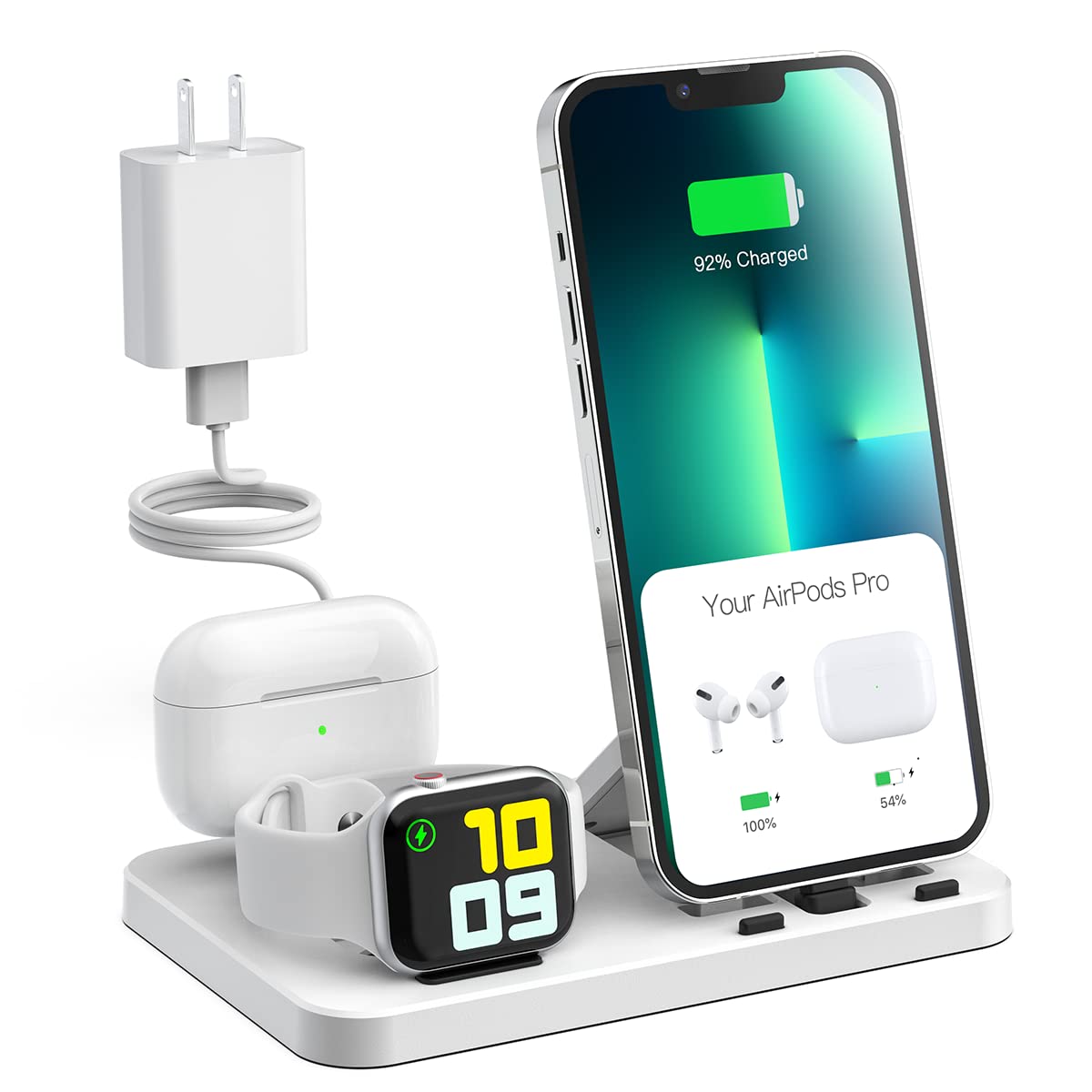 MODOCH 3 in 1 Charging Station for Apple Multiple Devices, Foldable and Portable Travel Charging Dock Compatible with iPhone Airpods Apple Watch Charger Stand with Adapter(Black),Not Fit for USB-C
