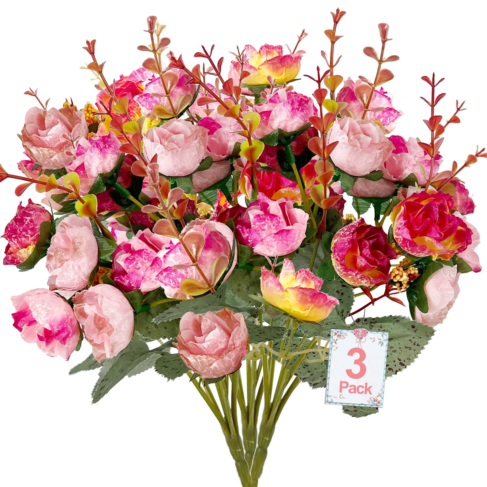 TURNMEON 63 Heads Rose Artificial Flowers Bouquet 3 Bundles Fake Flowers for Cemetery Summer Decorations Silk Flowers Fake Rose Home Decor Wedding Bouquet Faux Flower Spring Decor(Rose Red)