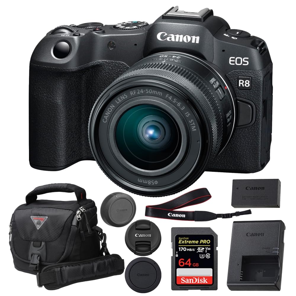 Canon EOS R8 Mirrorless Camera with RF 24-50mm f/4.5-6.3 is STM Lens + 64GB Extreme PRO Memory Card + Camera Case with Rain Cover (3 Items)
