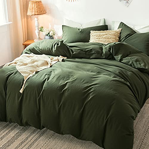 MooMee Bedding Duvet Cover Set 100% Washed Cotton Linen Like Textured Breathable Durable Soft Comfy (Olive Green, King Size)