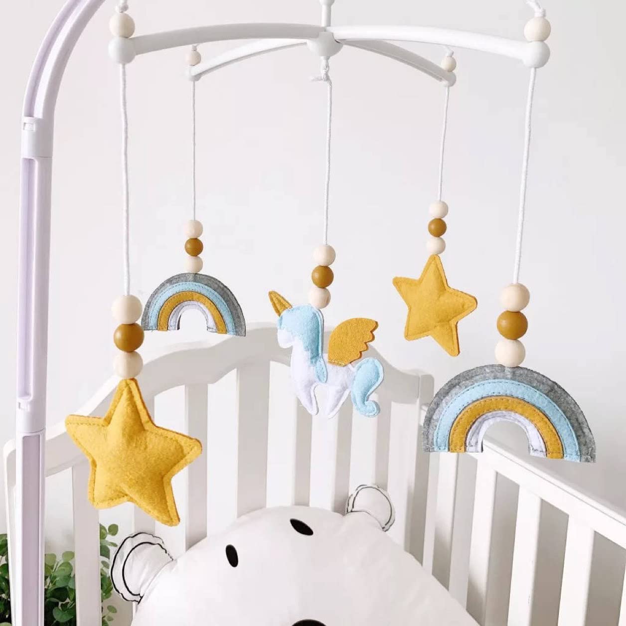 Crib Mobile Rainbow Unicorn Sun with Music Box and Mounting Arm