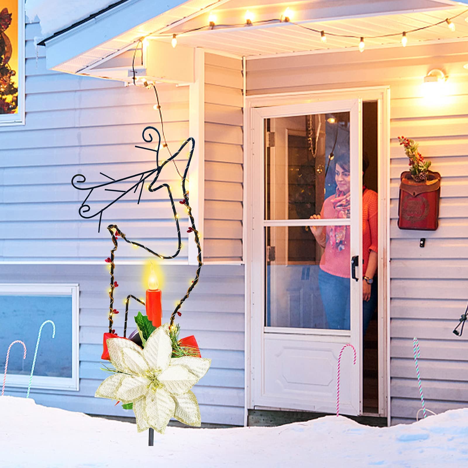 OBABA 2 Pack Solar Christmas Yard Stake Lights,Outdoor Decor Garden Metal Reindeer 33" Stakes LED Candle Light,Holiday Ornament for Home Lawn Pathway Walkway Driveway Winter Decoration